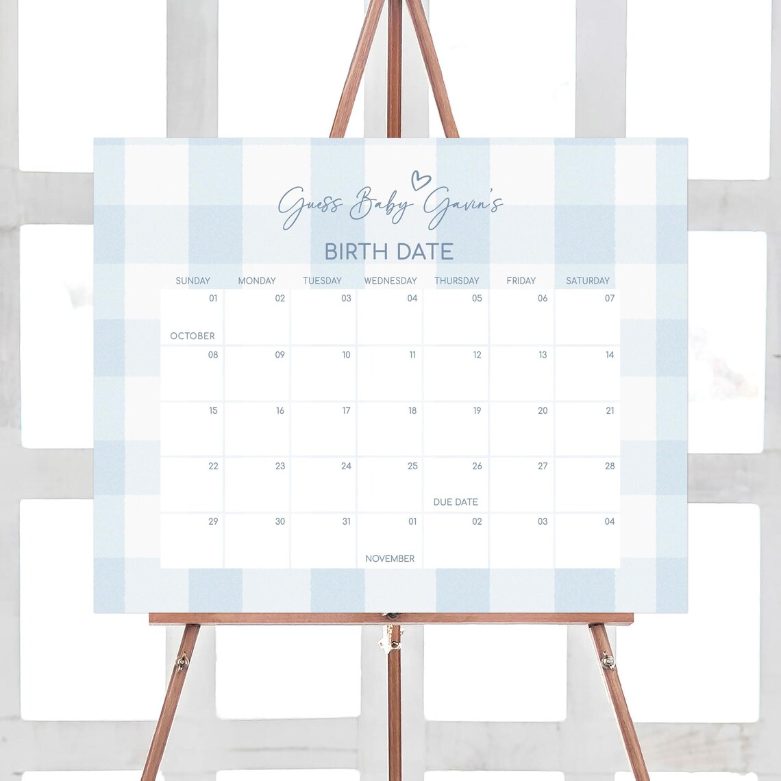 Editable Blue Gingham Baby Shower Due Date Calendar, Classic Gingham ...