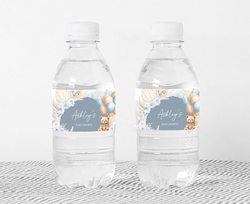Editable Boy Bear Boho Baby Shower Bottle Label, Blue Balloon Bear Baby ...