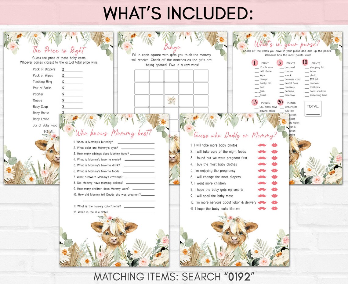 Highland Cow Baby Shower Games Bundle Pink Floral Cow Baby - Etsy