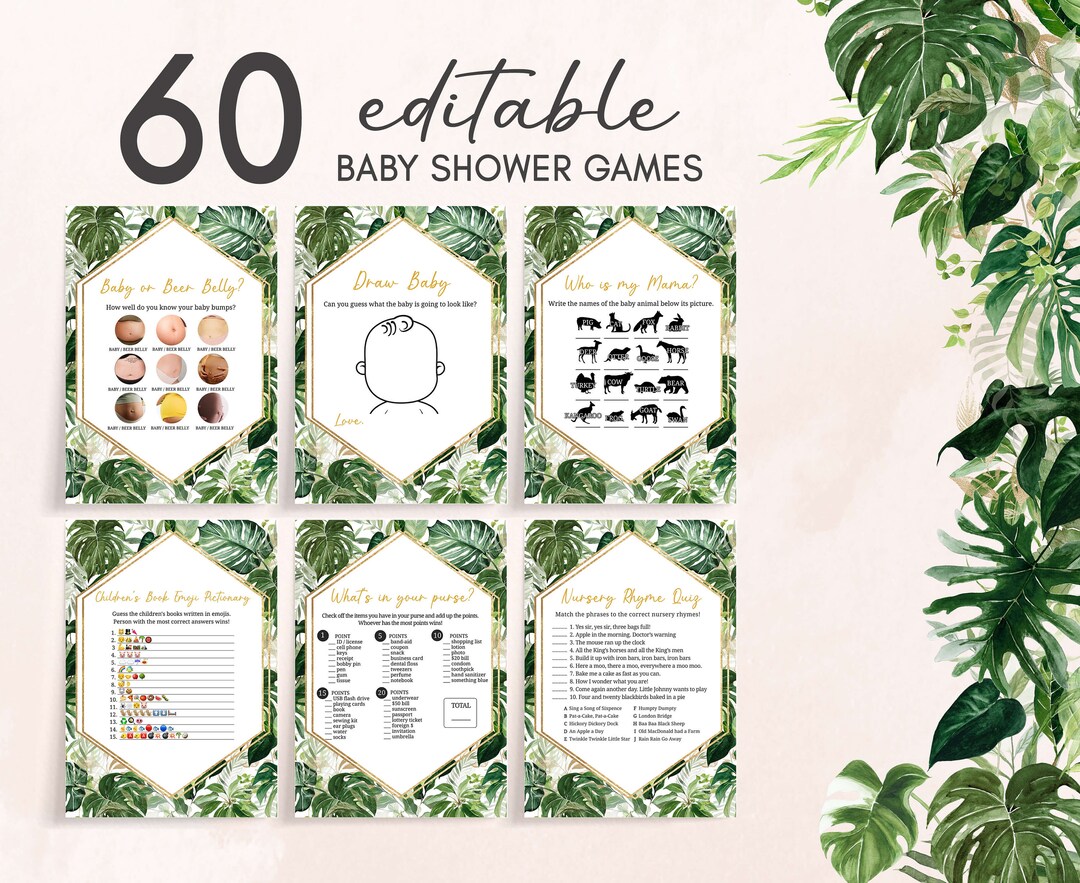 Tropical Baby Shower Games Bundle Tropical Game Pack Gold Greenery Baby ...