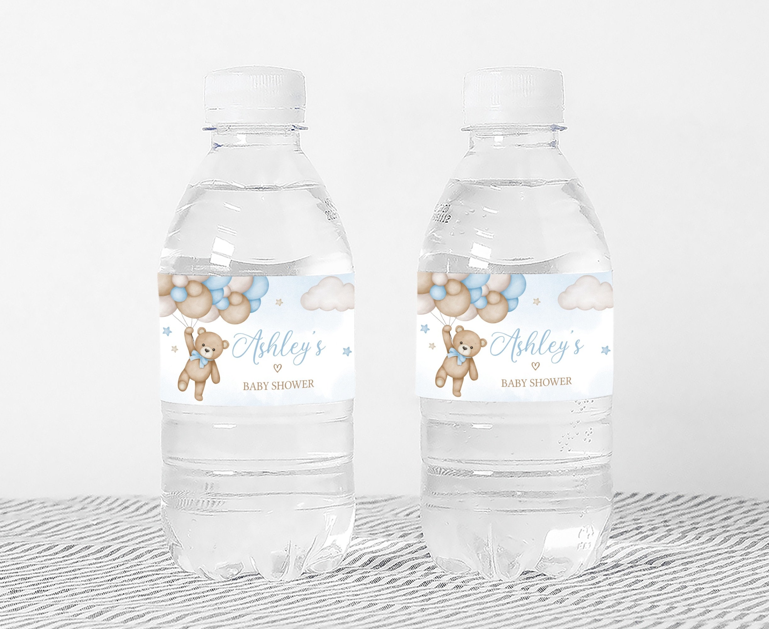 Editable Bear Balloon Baby Shower Bottle Label, Blue We Can Bearly Wait ...