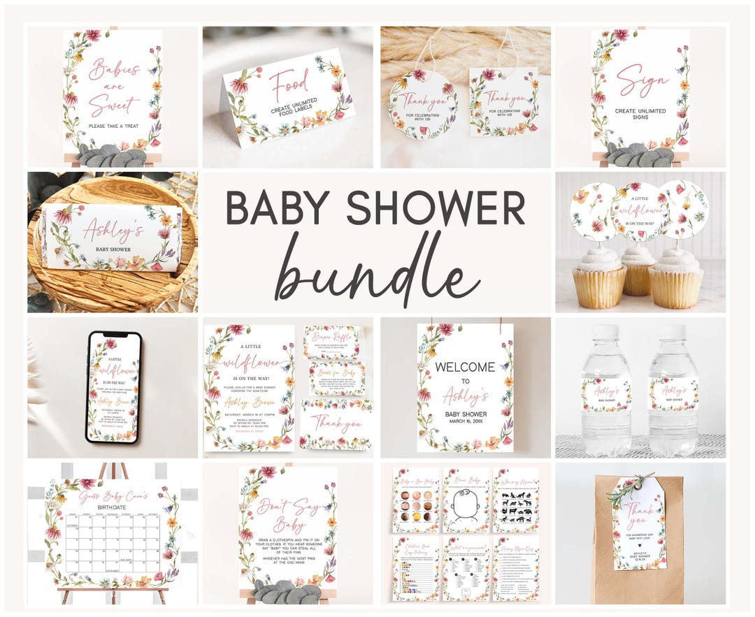 Editable Wildflower Baby Shower Bundle, Floral Boho Baby Shower Pack ...