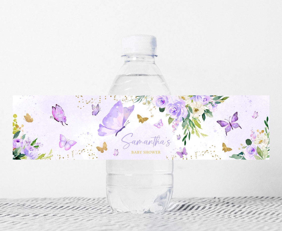Editable Purple Butterfly Baby Shower Bottle Label, Butterflies Girl ...