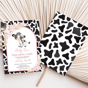 Editable Pink Cow Baby Shower Invitation Bundle, Girl Holy Cow Baby ...