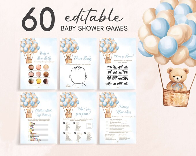 Teddy Bear Baby Shower Games Bundle Hot Air Balloon Bear Baby Shower Game We Can Bearly Wait ...
