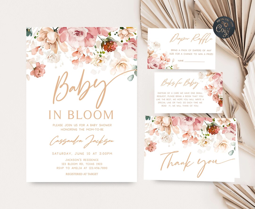 Editable Baby in Bloom Baby Shower Invitation Set, Pink Floral Baby ...