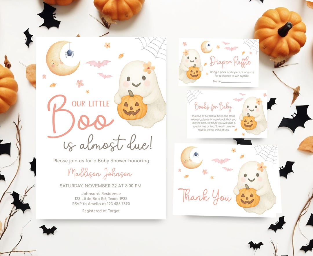 Editable Pink Our Little Boo Baby Shower Invitation Bundle, Girl Ghost ...