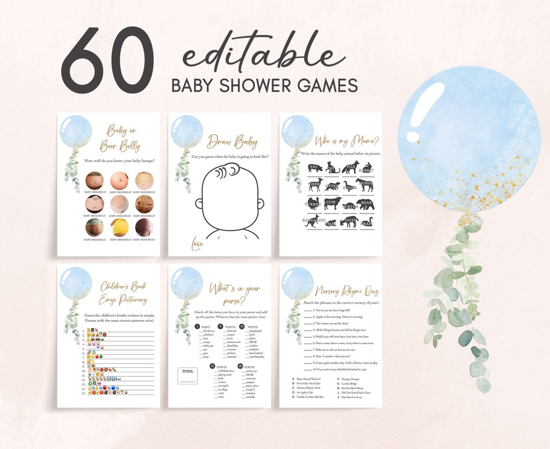 Editable Boy Blue Balloon Baby Shower Games Bundle, Balloon Oh Boy Baby ...