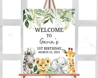 Safari Jungle Animals First Birthday Sign, First Birthday Welcome Sign ...