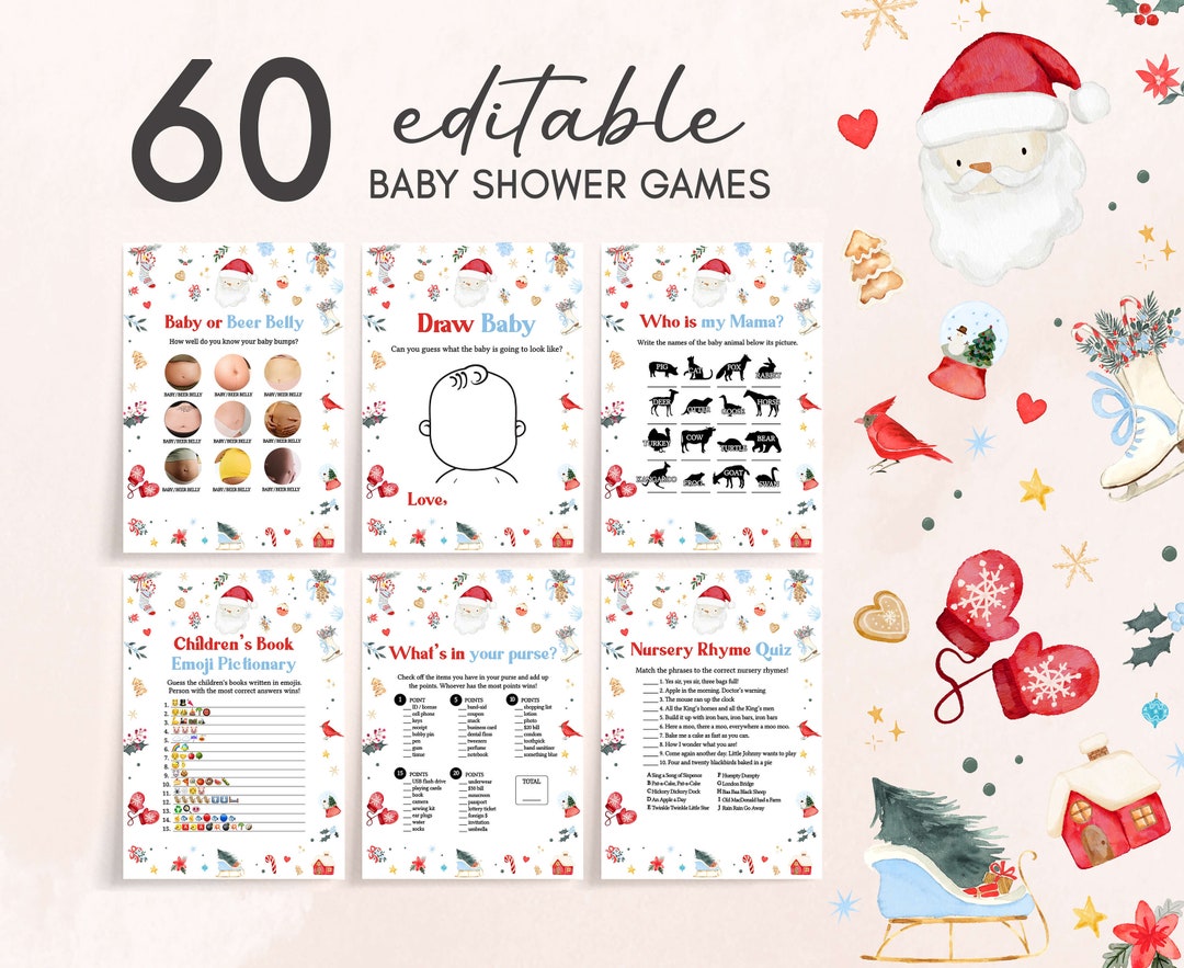 Editable Blue Santa Baby Baby Shower Games Bundle, Boy Christmas Baby ...