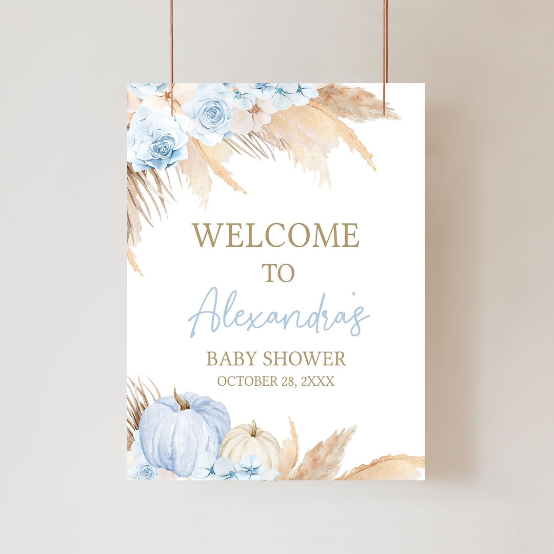 Editable Boho Pumpkin Baby Shower Welcome Sign, Boy Blue Pumpkin Baby ...