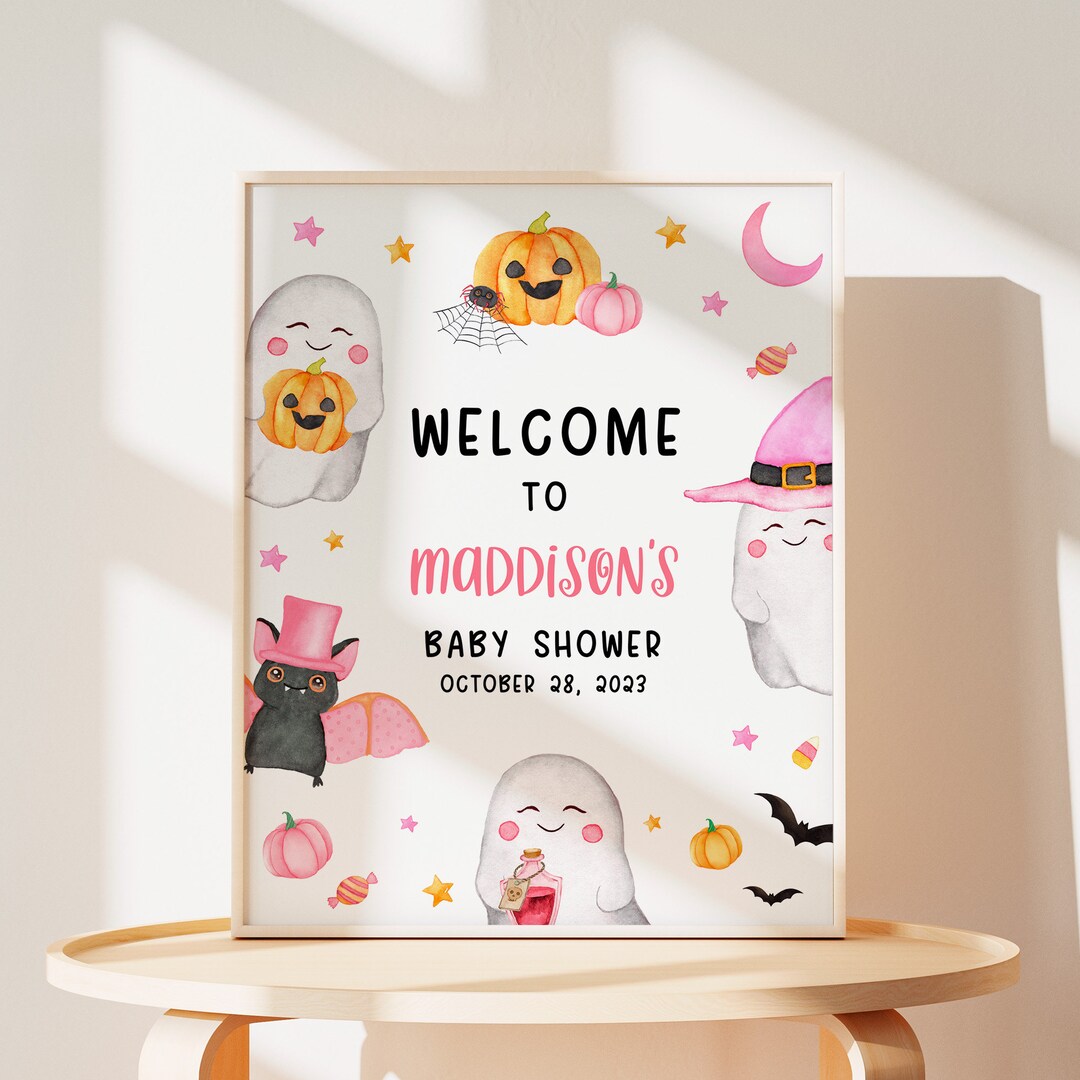 Editable A Little Boo Baby Shower Welcome Sign, Pink Halloween Baby ...