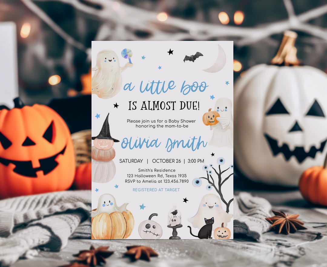 Editable Blue A Little Boo Baby Shower Invitation, Boy Halloween Baby ...