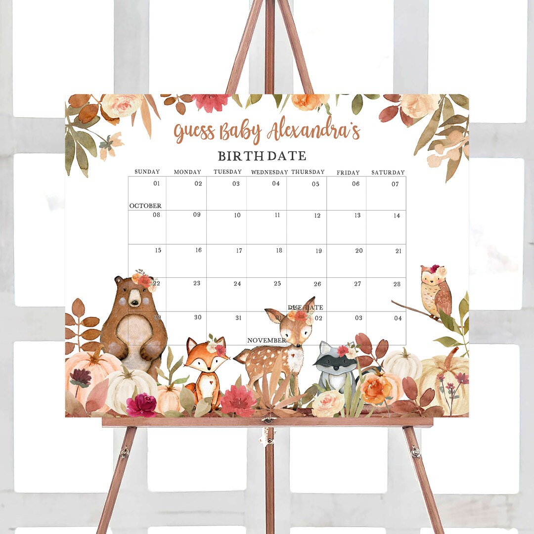 Editable Fall Woodland Baby Shower Due Date Calendar Woodland Floral ...