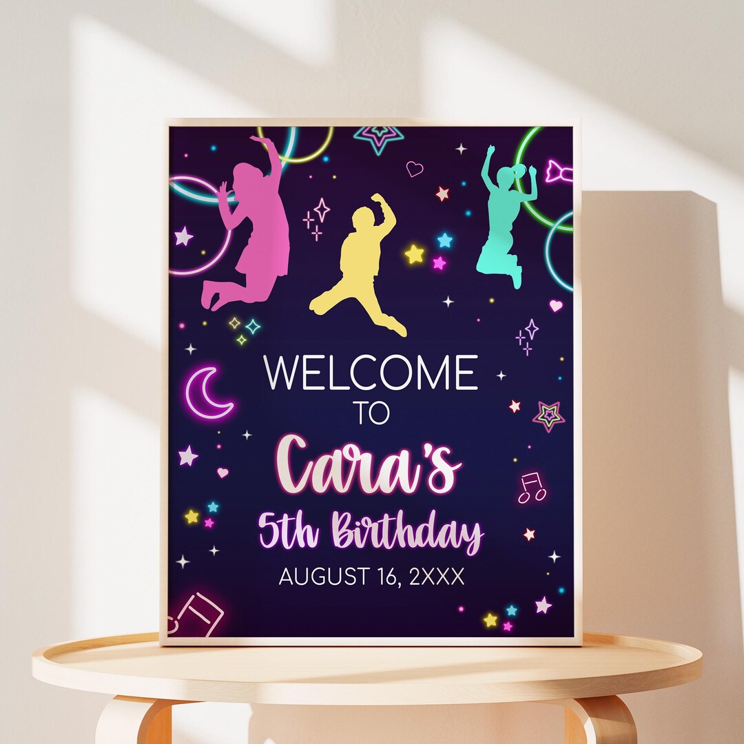 Editable Glow Jump Birthday Welcome Sign, Trampoline Birthday Sign ...