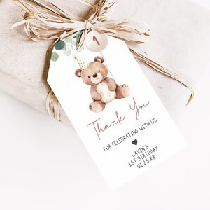 Editable Greenery Bear Birthday Favor Tags, Beary First Birthday Gift ...