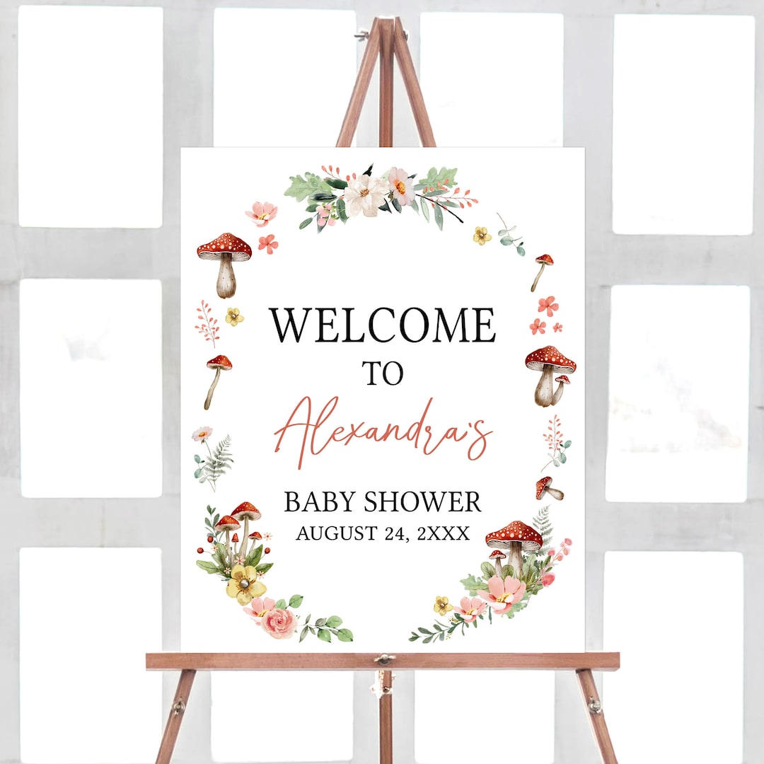 Editable Little Mushroom Baby Shower Welcome Sign, Wildflower Mushroom ...