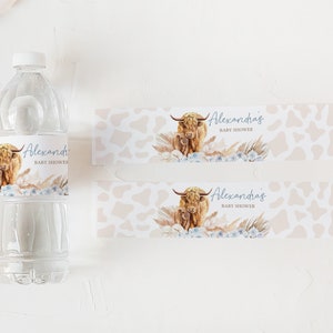Editable Boho Highland Cow Baby Shower Bottle Label, Blue Holy Cow Baby ...