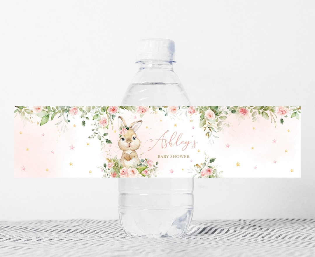 Editable Bunny Girl Baby Shower Bottle Label, Pink Floral Baby Shower ...