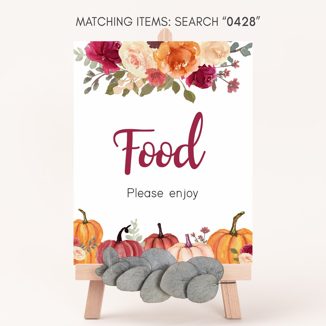 Burgundy Fall Baby Shower Food Sign, Floral Pumpkin Baby Shower Food ...