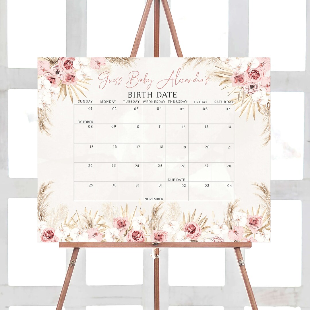 Editable Pink Floral Boho Baby Shower Calendar Due Date, Pampas Grass ...