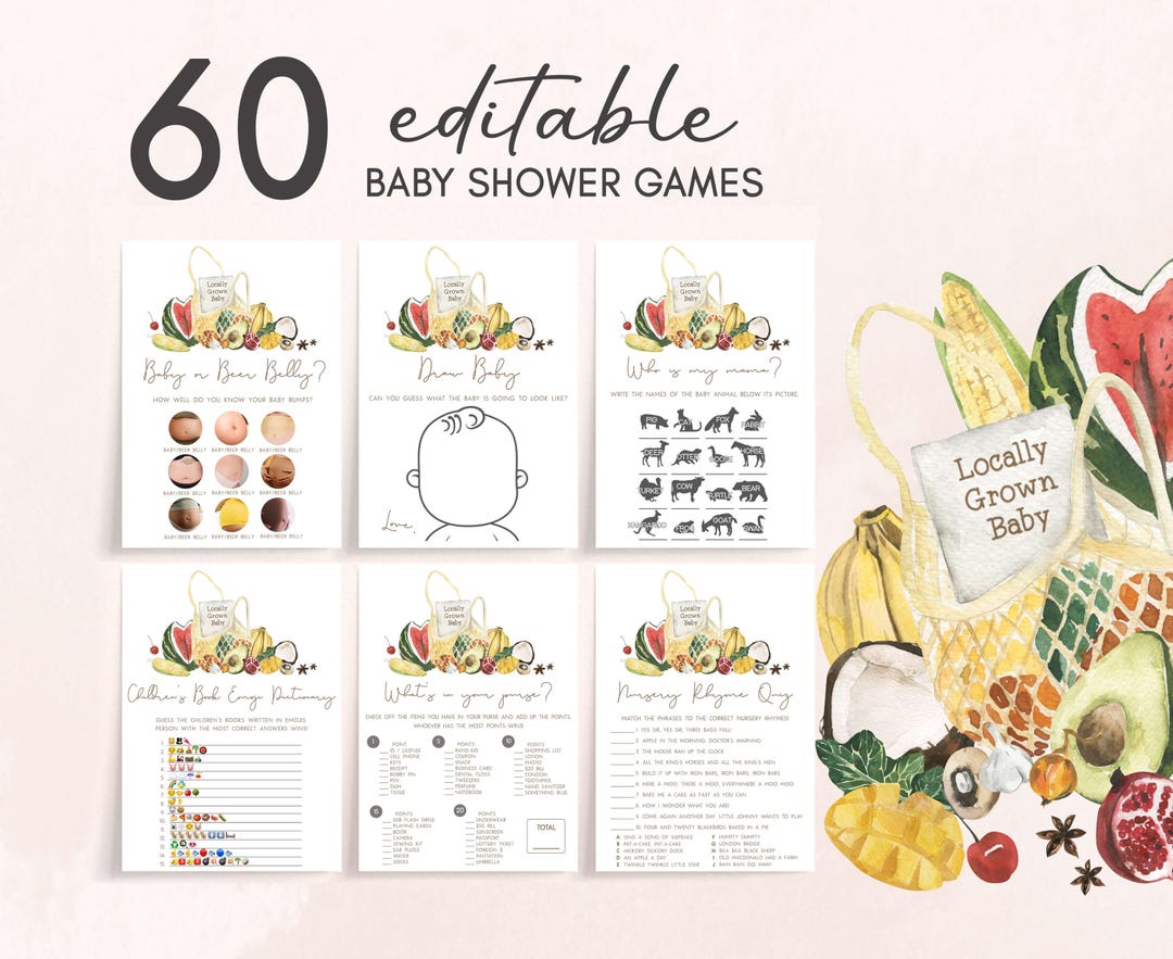 Editable Locally Grown Baby Shower Games Bundle, Gender Neutral Organic ...
