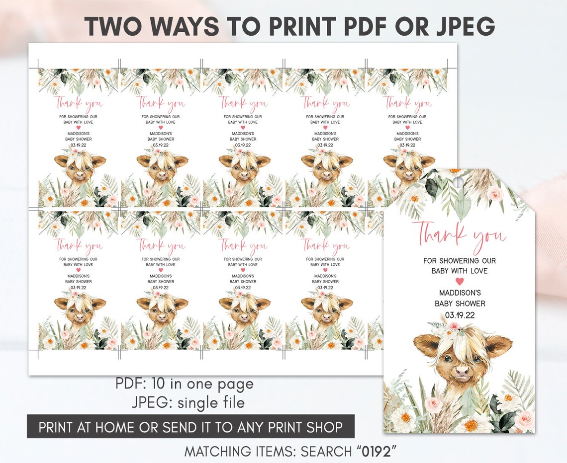 Editable Highland Cow Baby Shower Favor Tag Pink Floral Cow - Etsy