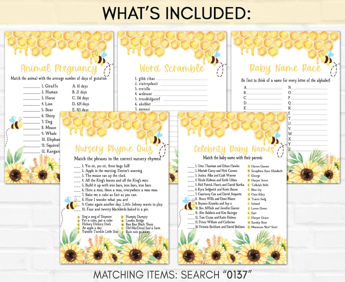 Bee Baby Shower Games Honey Bee Games Pack Printable Baby - Etsy