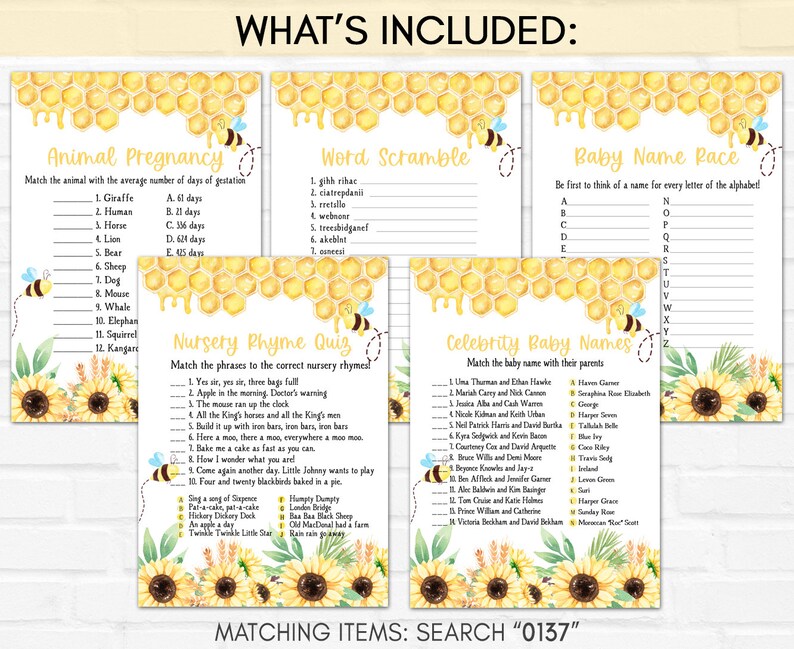 Bee Baby Shower Games Honey Bee Games Pack Printable Baby - Etsy