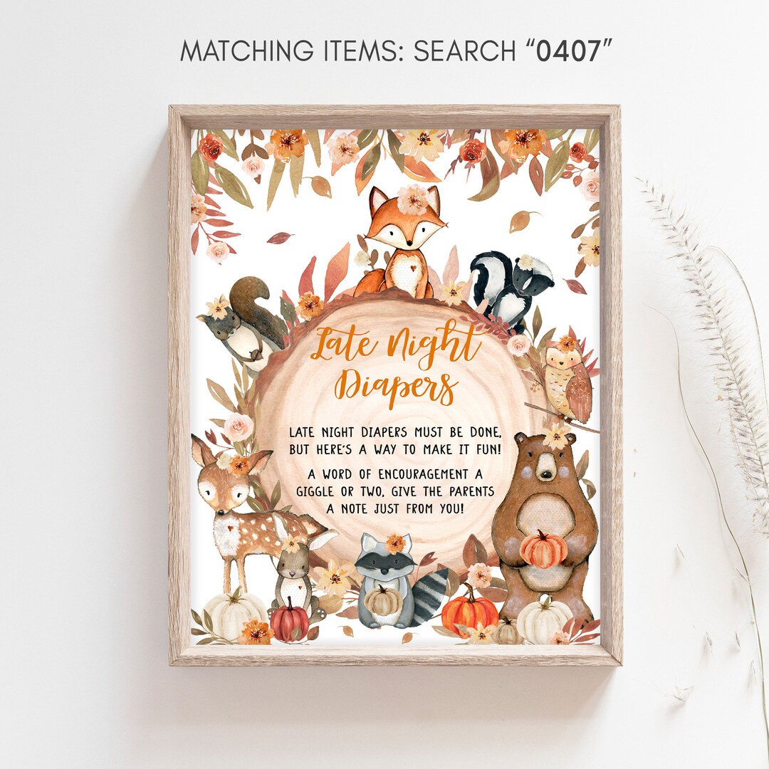 Late Night Diapers Sign Fall Woodland Baby Shower, Floral Pumpkin ...