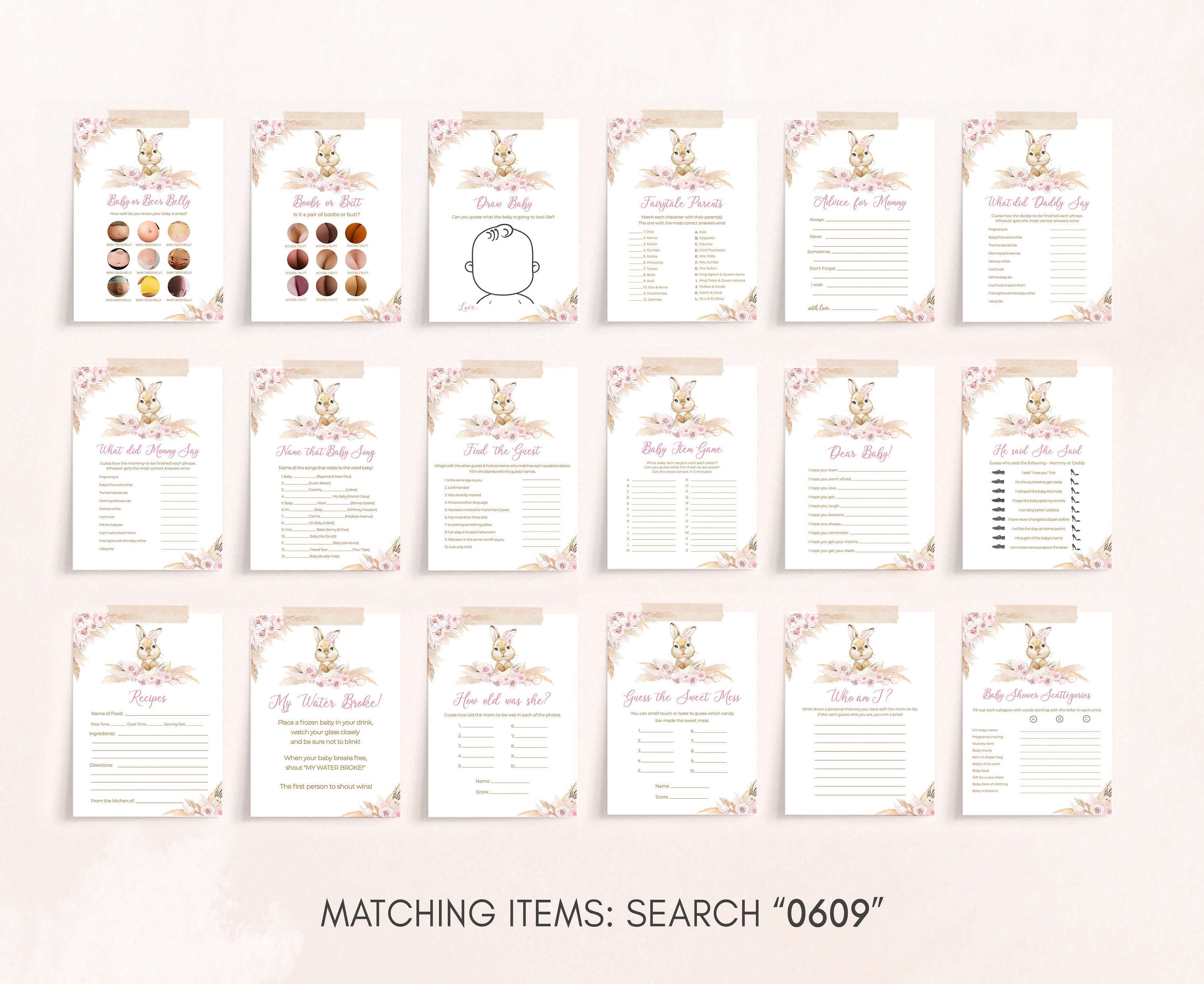 Editable Girl Rabbit Baby Shower Games Bundle, Pink Boho Rabbit Baby ...