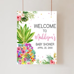 Editable Pineapple Aloha Baby Shower Welcome Sign, Pink Floral Hawaiian ...