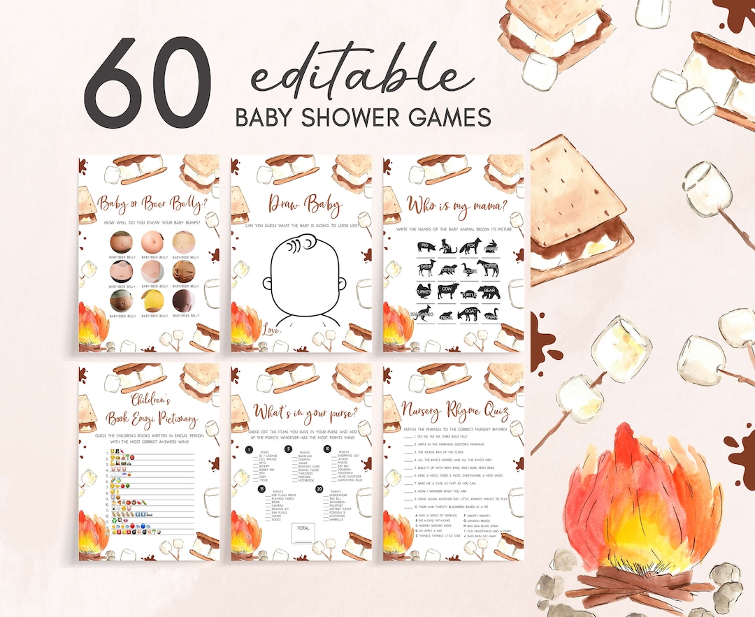 Editable Smore Baby Shower Games Bundle, Bonfire Camping Baby Shower ...