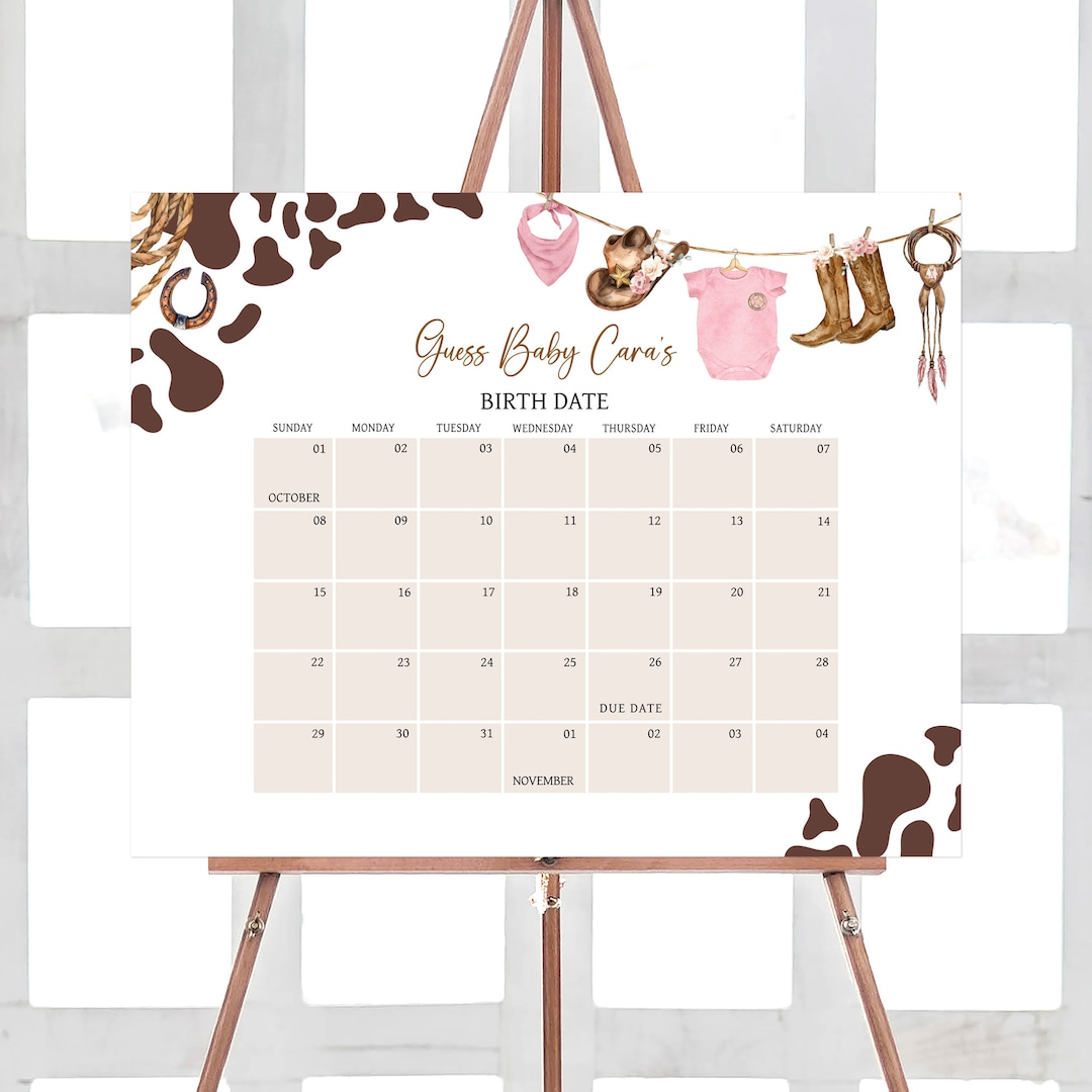 Editable Little Cowgirl Baby Shower Due Date Calendar, Girl Baby ...