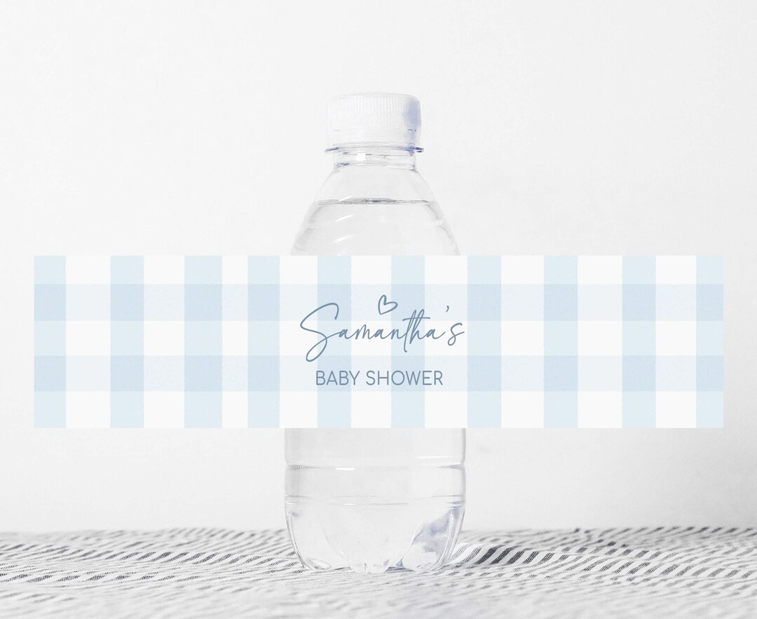 Editable Blue Gingham Baby Shower Bottle Label, Classic Gingham Boy ...
