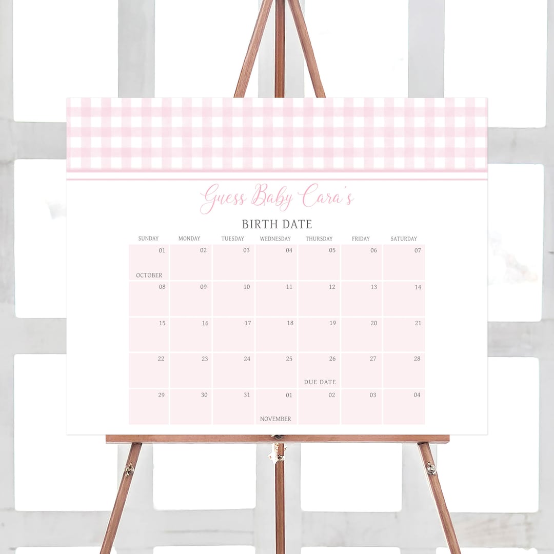 Editable Pink Gingham Baby Shower Due Date Calendar, Girl Picnic Baby ...