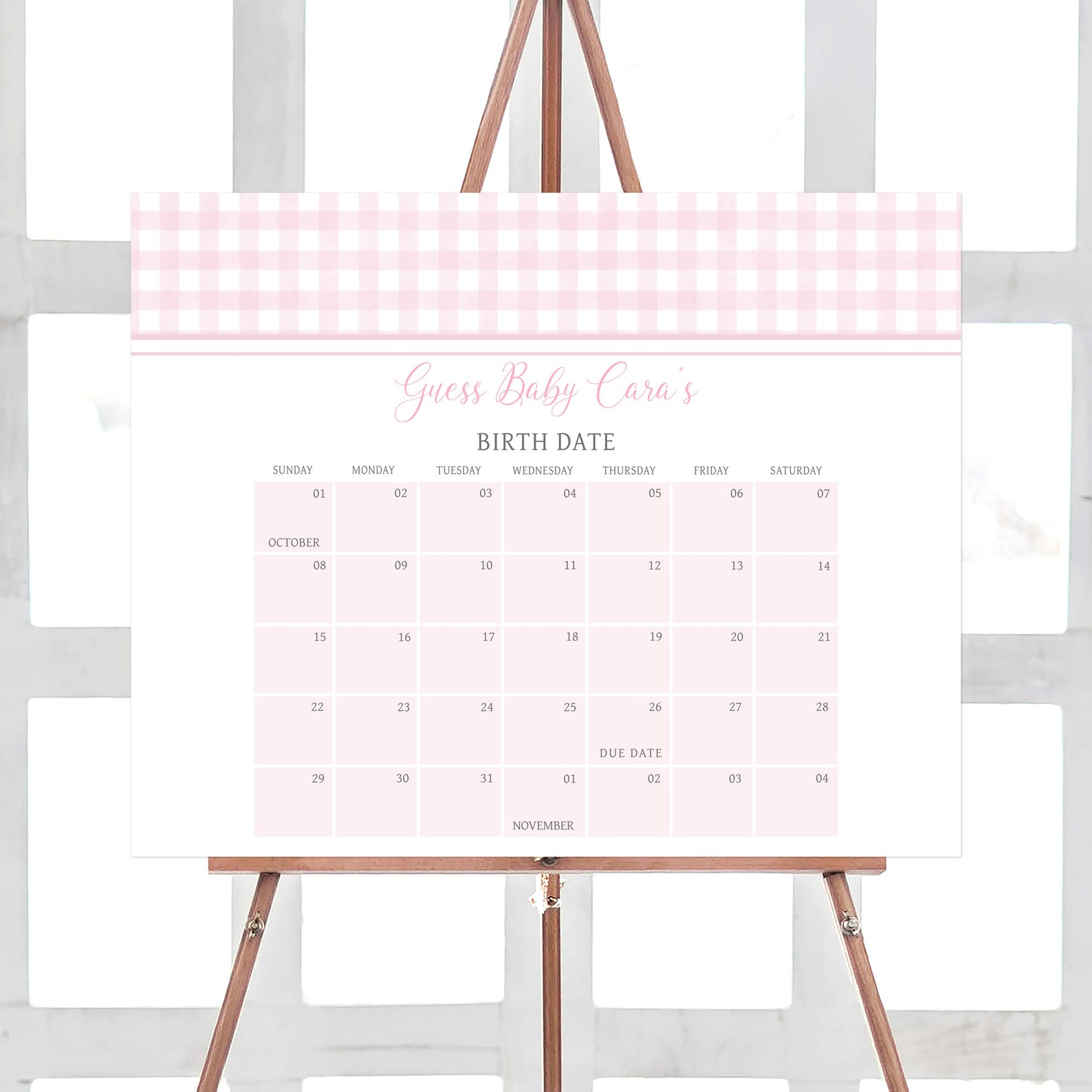 Editable Pink Gingham Baby Shower Due Date Calendar, Girl Picnic Baby ...