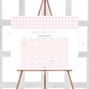 Editable Pink Gingham Baby Shower Due Date Calendar, Girl Picnic Baby ...