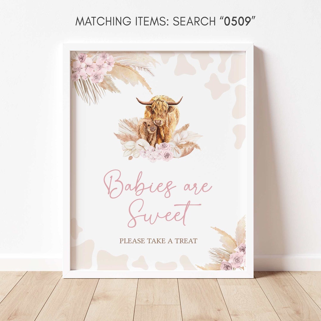 Babies Are Sweet Signs Boho Highland Cow Baby Shower, Pink Holy Cow ...