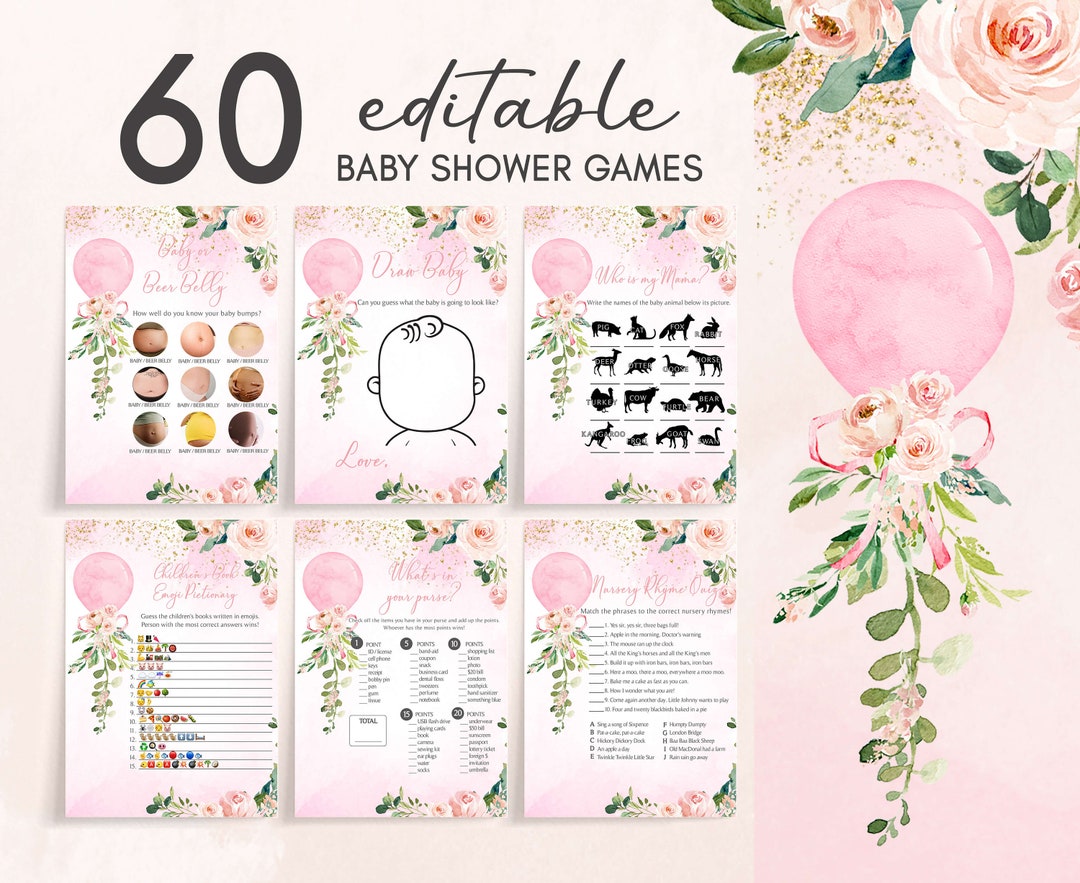 Editable Balloon Baby Shower Games Bundle, Blush Floral Baby Shower ...
