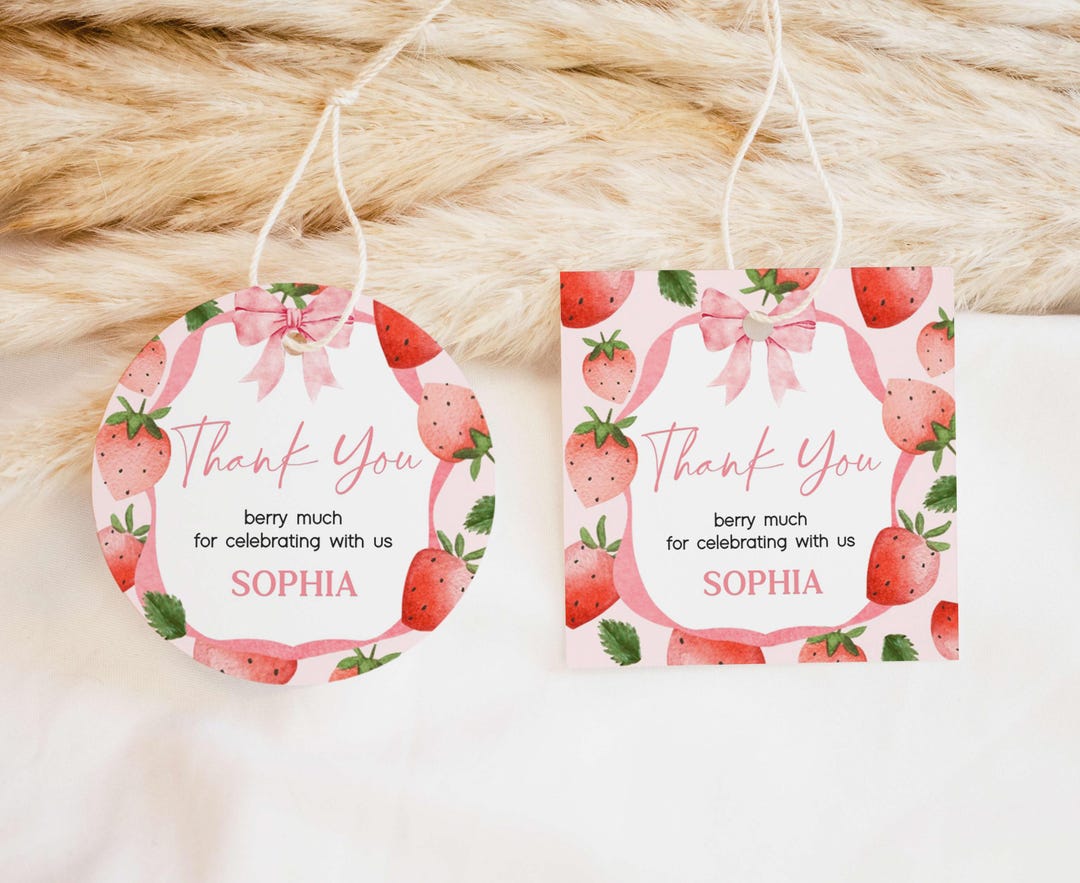 Editable Strawberry Birthday Round Favor Tags, Berry First Birthday ...