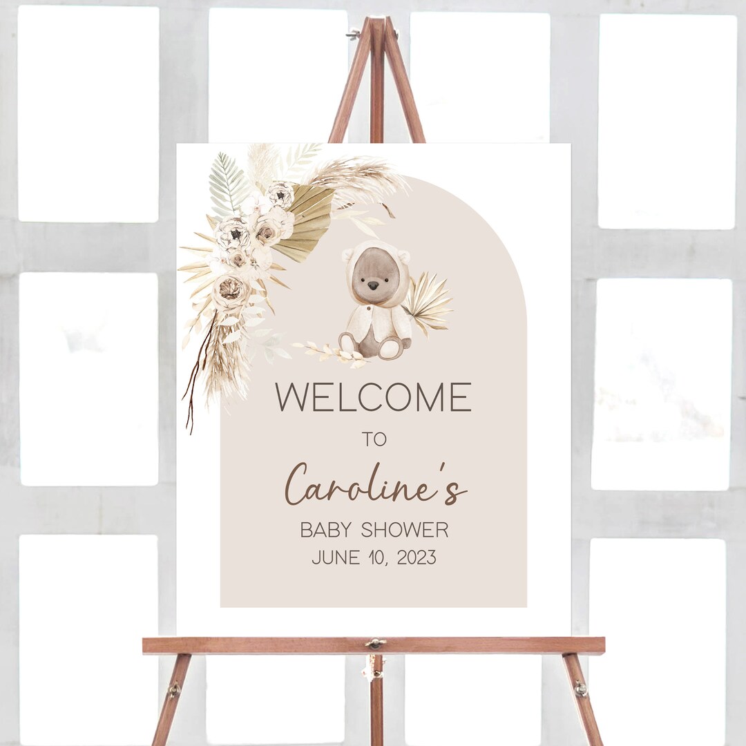 Editable Boho Bear Baby Shower Welcome Sign, Teddy Bear Baby Shower ...