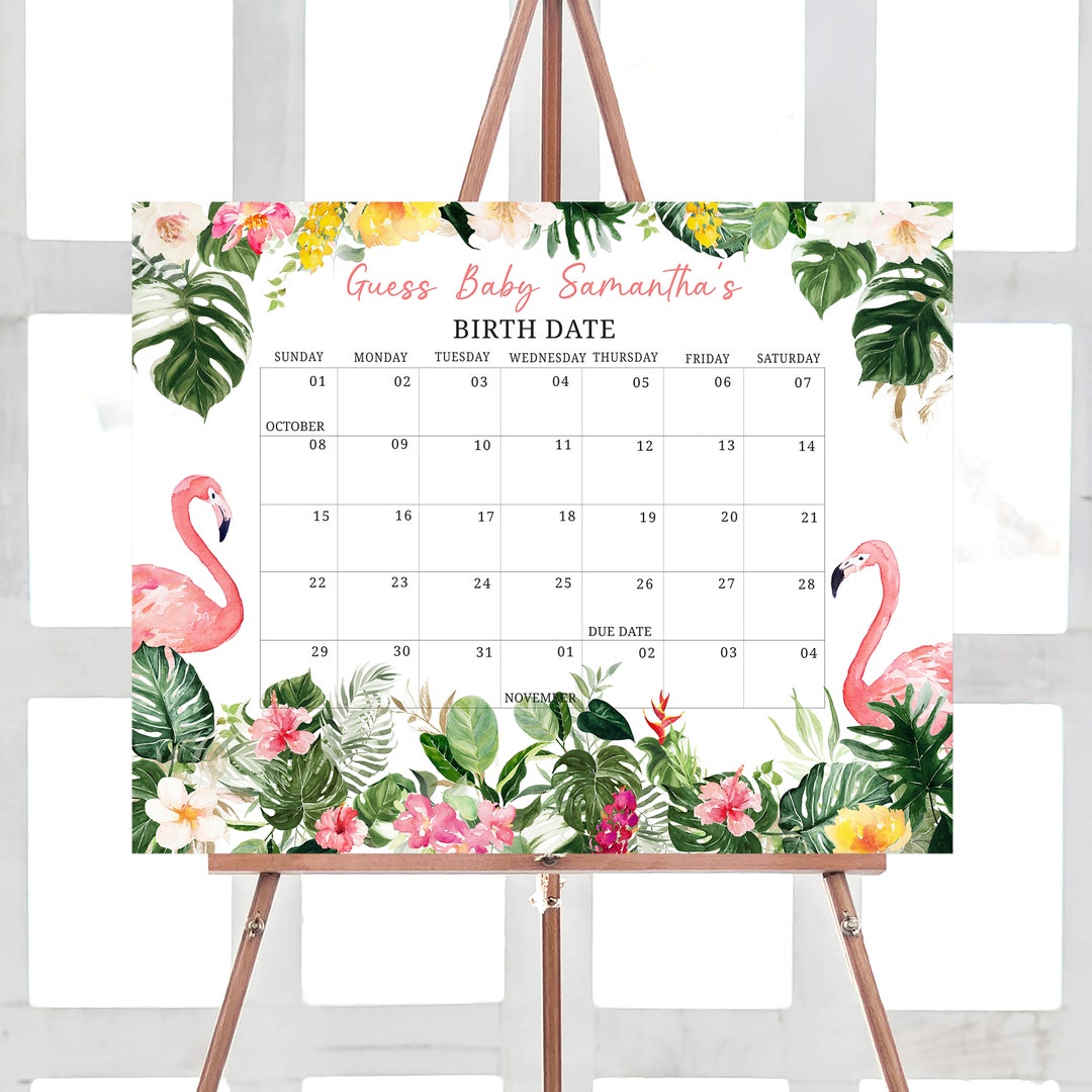 Editable Flamingo Baby Shower Due Date Calendar, Tropical Baby Shower ...