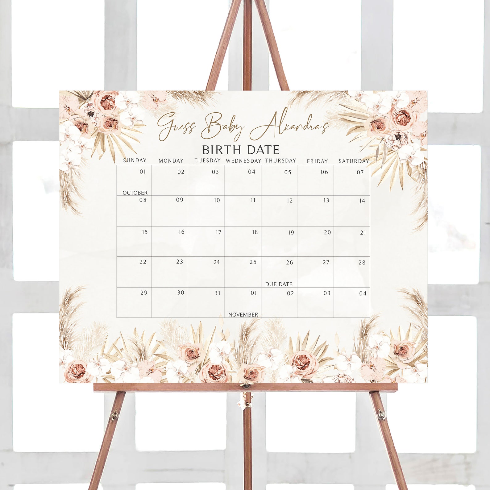 Editable Pampas Grass Baby Shower Due Date Calendar, Boho Baby Shower ...