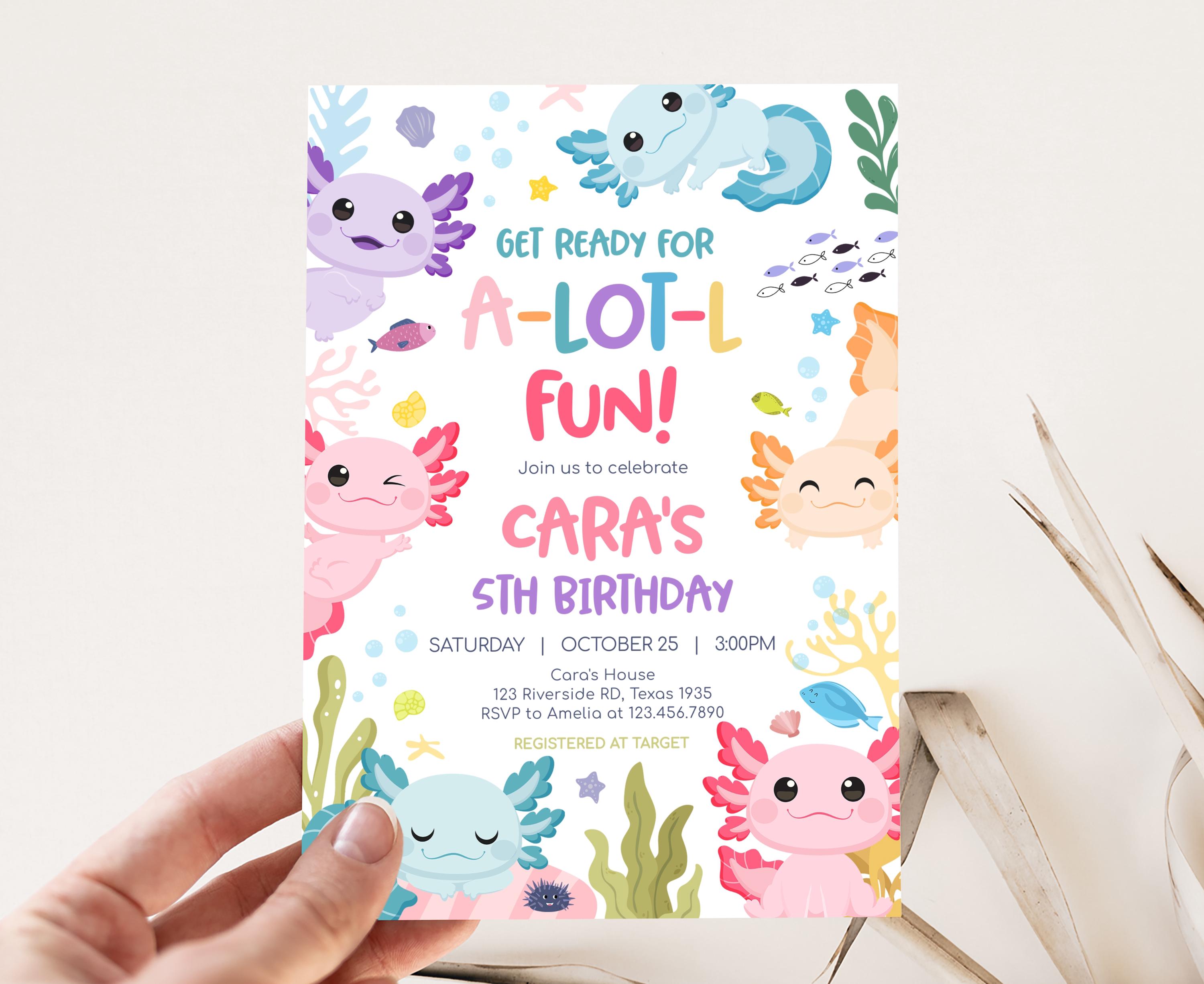 Editable Axolotl Birthday Invitation, Cute Axolotl Party Invite, Alotl ...