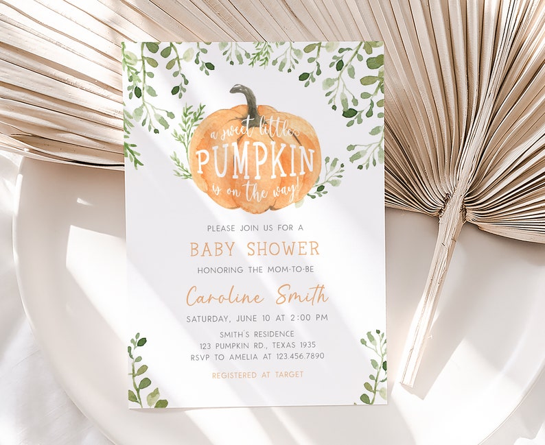 Editable Little Pumpkin Baby Shower Invitation Bundle, Greenery Pumpkin ...