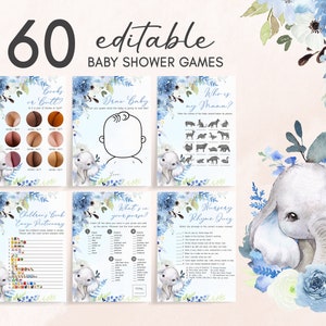 Editable Blue Elephant Baby Shower Games Bundle, Boy Baby Shower Game ...