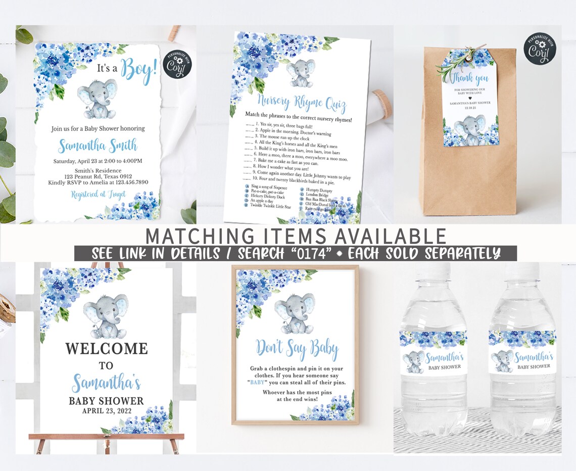 Elephant Baby Shower Game Bundle Blue Elephant Boy Baby | Etsy