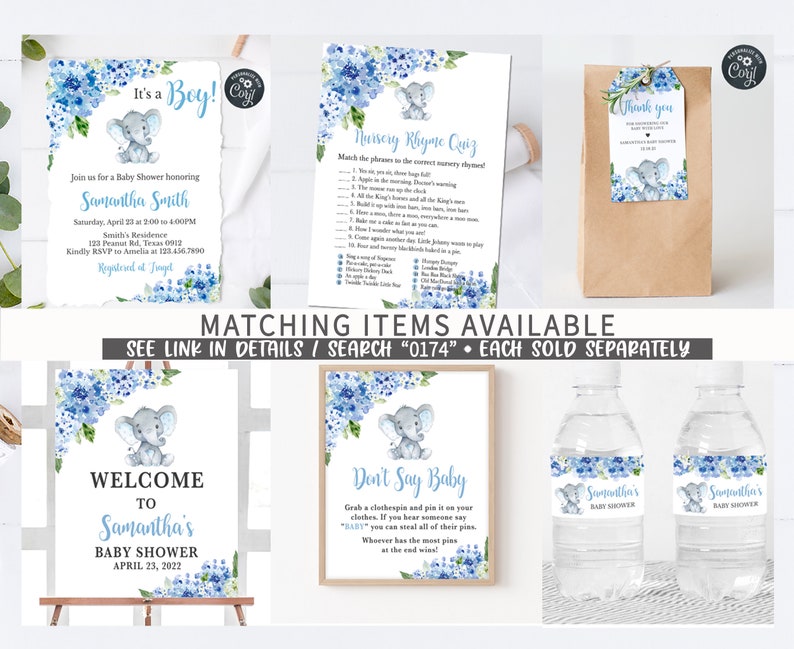 Elephant Baby Shower Game Bundle, Blue Elephant Boy Baby Shower Games ...