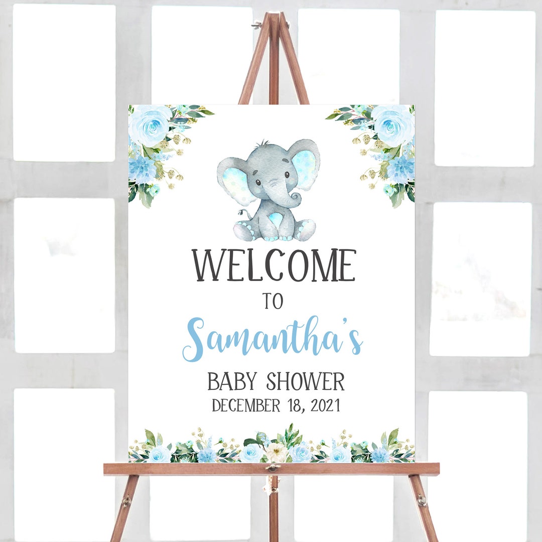 Elephant Welcome Sign Boy Baby Shower Sign, Blue Floral Baby Shower ...